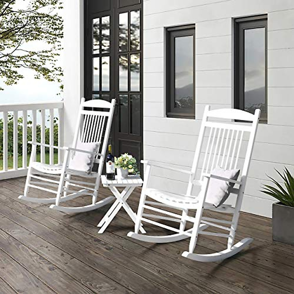 MUPATER Outdoor Rocking Chair Set 3-Piece Patio Wooden Rocker Bistro Set with Foldable Table and Curved Seat, White