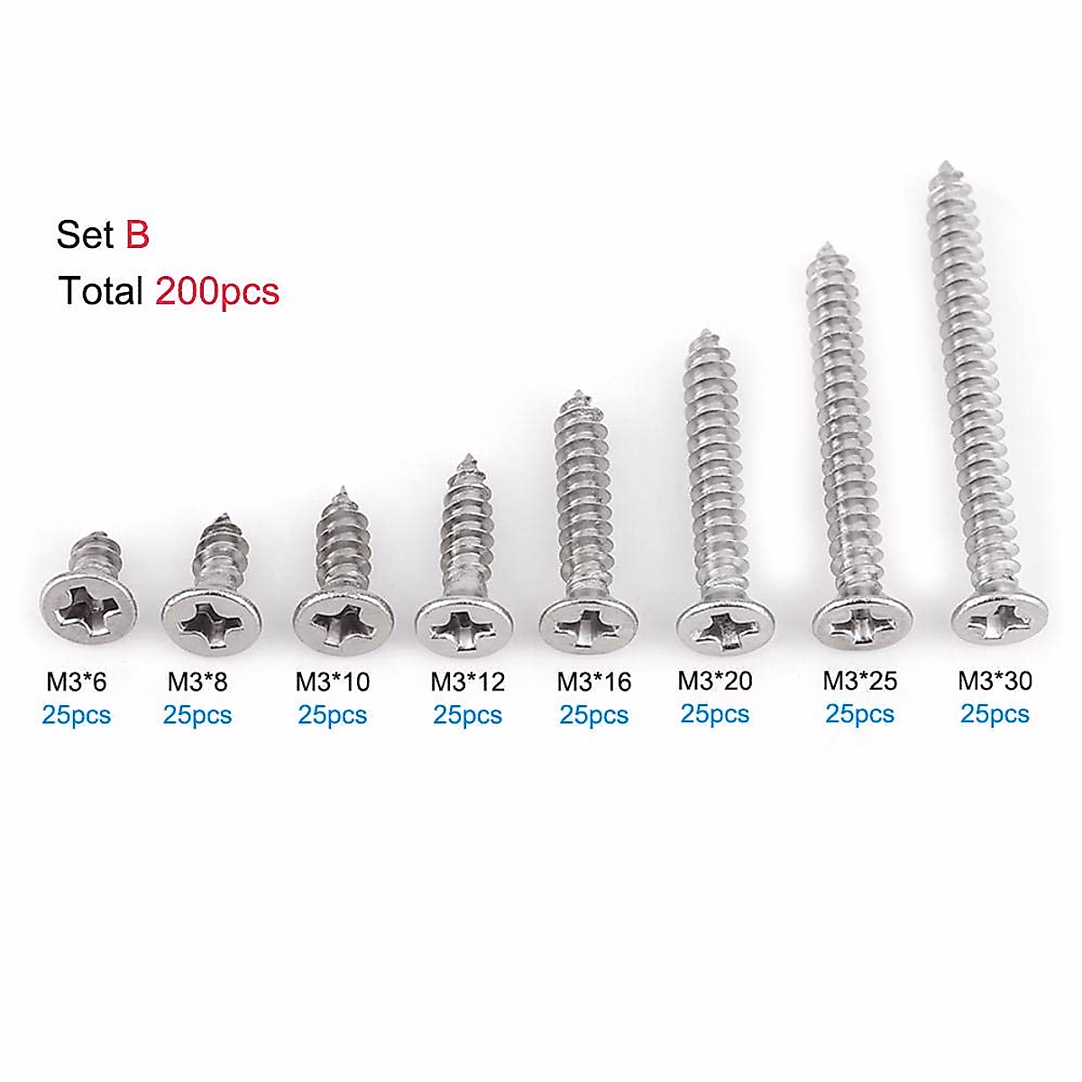 M3 Self Tapping Screws Assortment Set, Stainless Steel Phillips Wood Screws, 200pcs(Flat Head)