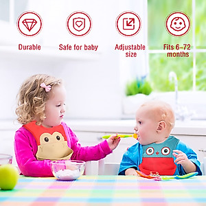 HAHA Baby Silicone Bibs for Girls Boys Eating Feeding Toddler Waterproof Roll-Up Bib with Food Catcher Unisex Infant Bibs for Babies, 2 Pack (Red&Beige/Blue&Red)
