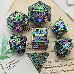 Metal Hollow DND Dice Set D&D Dungeons and Dragons Polyhedral 7-Piece RPG MTG Dice Gift D20 D6 Role Playing Pathfinderboard Game Accessories Digital Teaching Metal Box-Gold