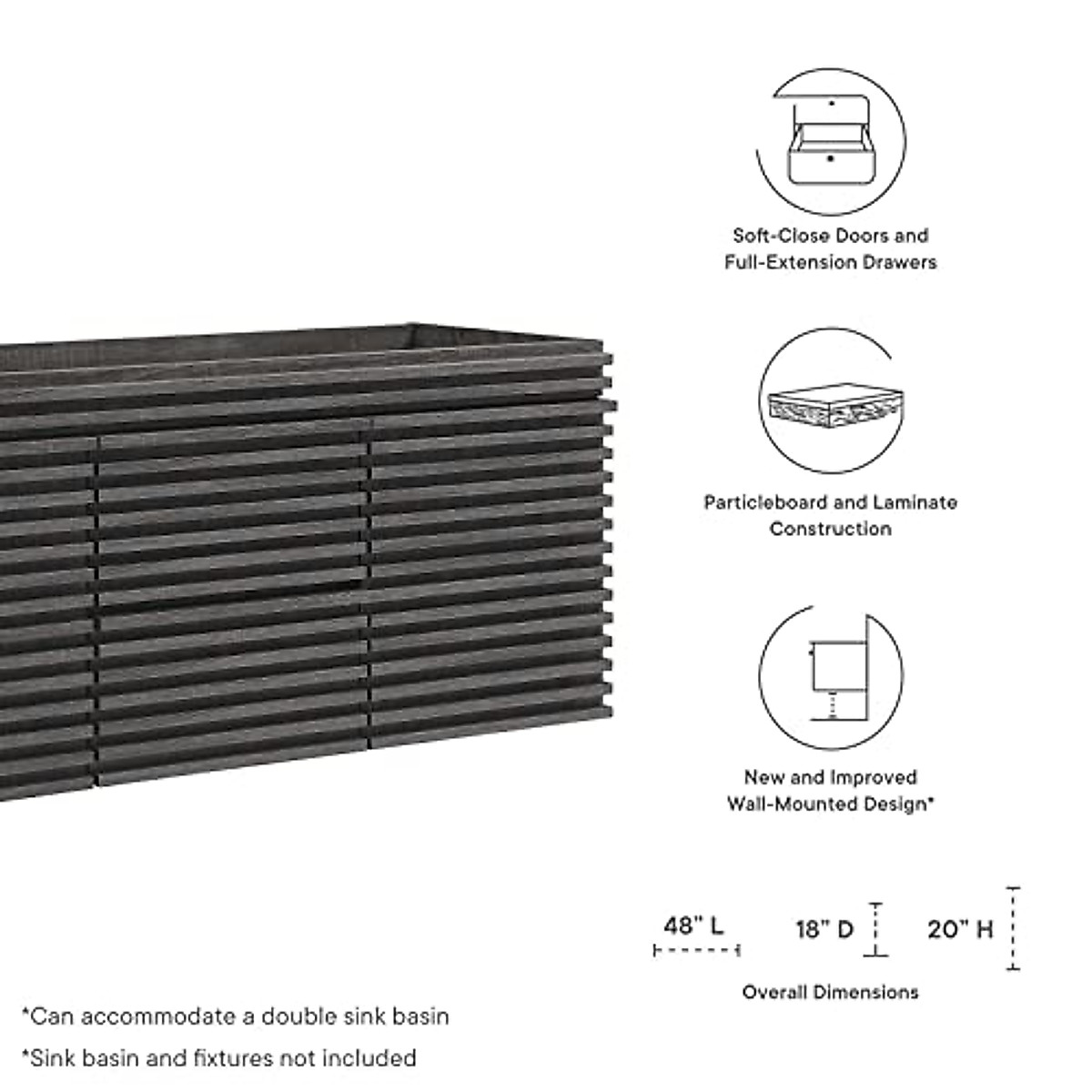Modway Render 48" Double Sink Compatible (Not Included) Bathroom Vanity Cabinet in Charcoal
