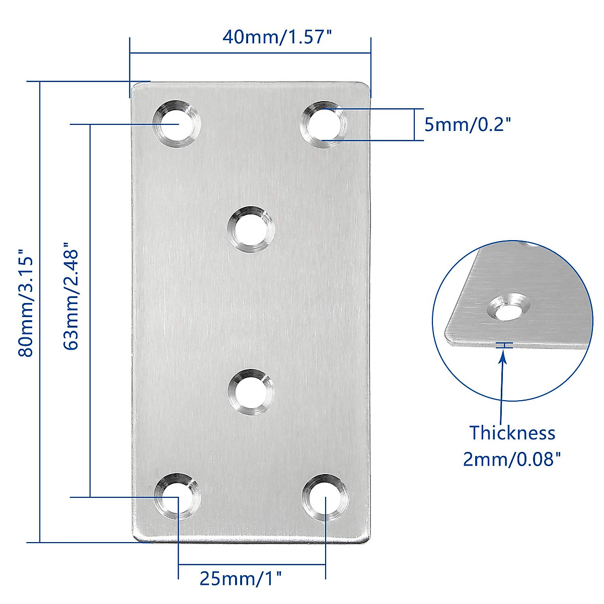 BokWin 6Pcs Silver Mending Bracket Plate, 80 x 40 x 2mm Stainless Steel Heavy Duty Flat Corner Brace for Wood, Metal Straight Fixing Joining Shelf Support Corner for Shelves, Furniture and Cabinet
