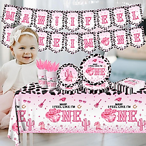 Western Cowgirl Birthday Party Decoration,142Pcs Pink Disco Cowgirl 1st Tableware Set I’m One Cowgirl Plates Napkins Cowgirl Tablecloth for My First Rodeo Let’s Go Cowgirl 1st Baby Shower Decoration