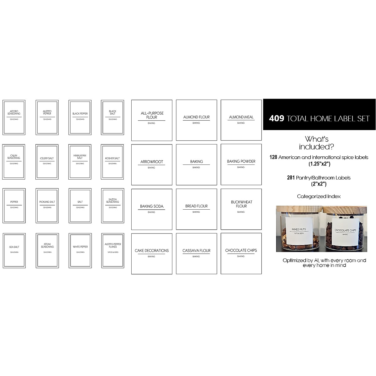 Minimalist 409-Piece Label Set: Elegant, Waterproof Stickers for organizing Global Spices, Pantry, Food Storage, Bathroom and Home Essentials Jars, Bins, and Containers