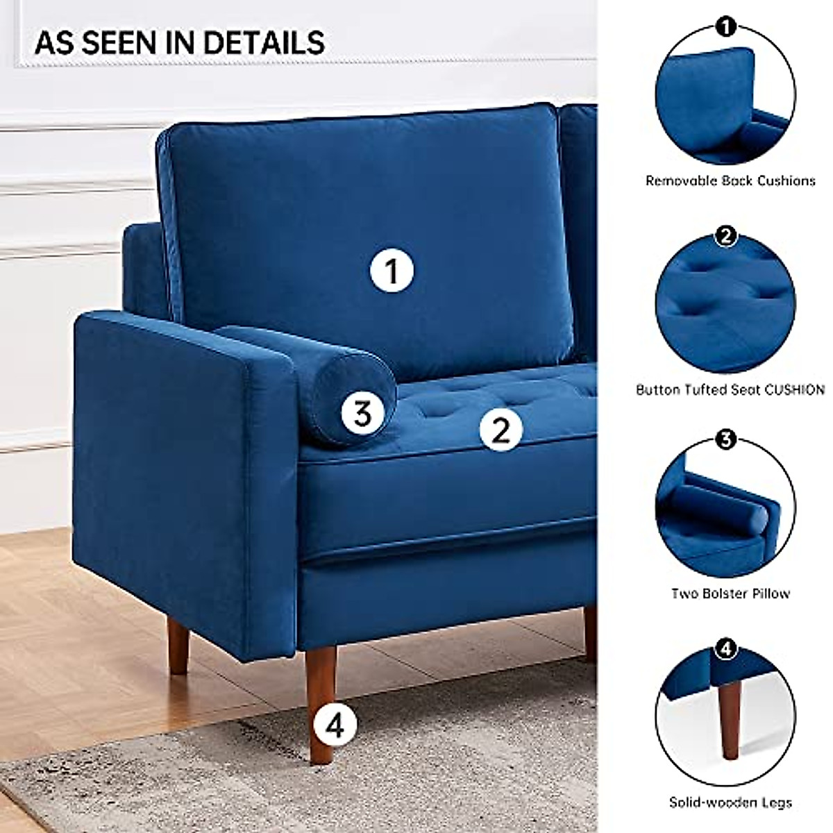 HomePop 3 Seater Velvet Sofa, Modern Couches for Living Room,Small Spaces, Dorm, Apartment, Blue