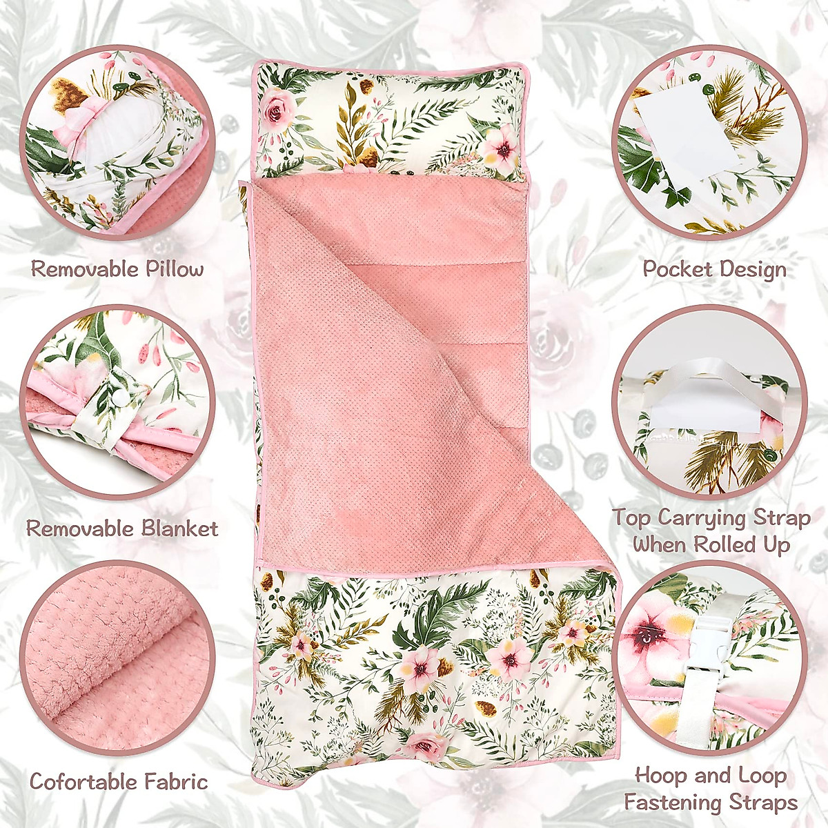 Dad-Baby Toddler Nap Mat with Removable Blanket and Pillow, Extra Large Rolled Napping Mats,Toddler Sleeping Bag,Kids Sleeping Bag for Daycare,Nap Mats for Preschool(Flower Pattern)