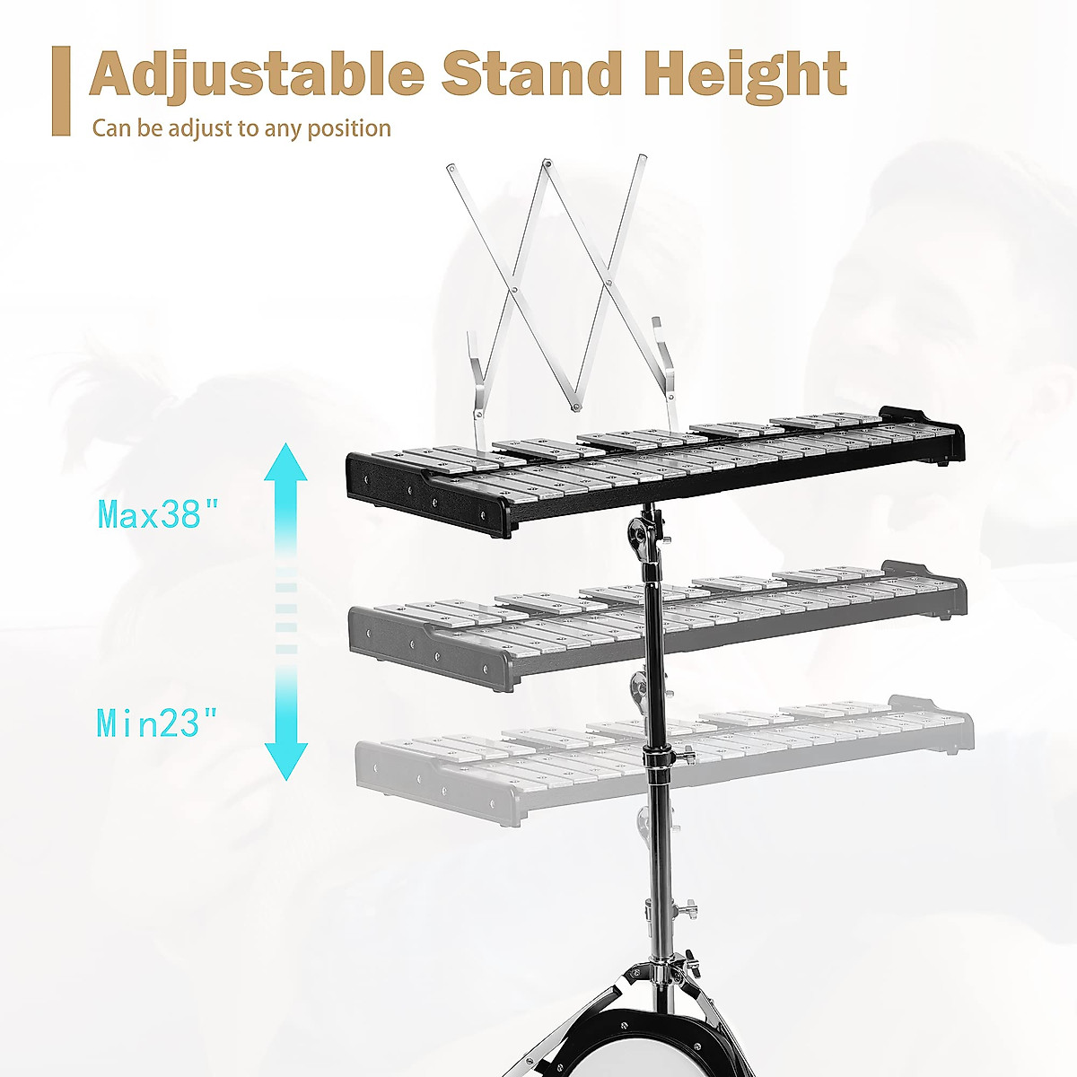 TOLEAD 32 Notes Glockenspiel Kit Xylophone Bell Percussion Instruments with Adjustable Height Stand, Practice Pad Mallets & Wooden Drumsticks, Portable Carrying Bag