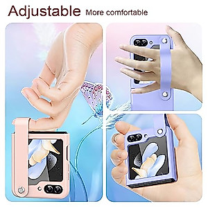 for Samsung Z Flip 5 Case with Wrist Strap, Anti-Drop Z Flip 5 Leather Case with Strap, Ultra-Thin PU Skin-Feel Flip 5 Case Anti-Scratch Shockproof Case for Samsung Galaxy Z Flip 5 5G 2023 (Pink)