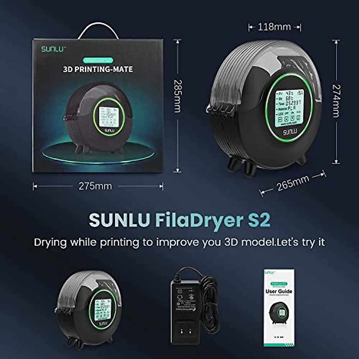 [Newest Official Fan Version] SUNLU 3D Printer Filament Dryer Box S2 with Fan for Nylon ABS PETG PLA 1.75/2.85/3.00mm, 360° Surround Heating Holder, Upgrad Built-in Fan Quickly Keeping Dry Long Time