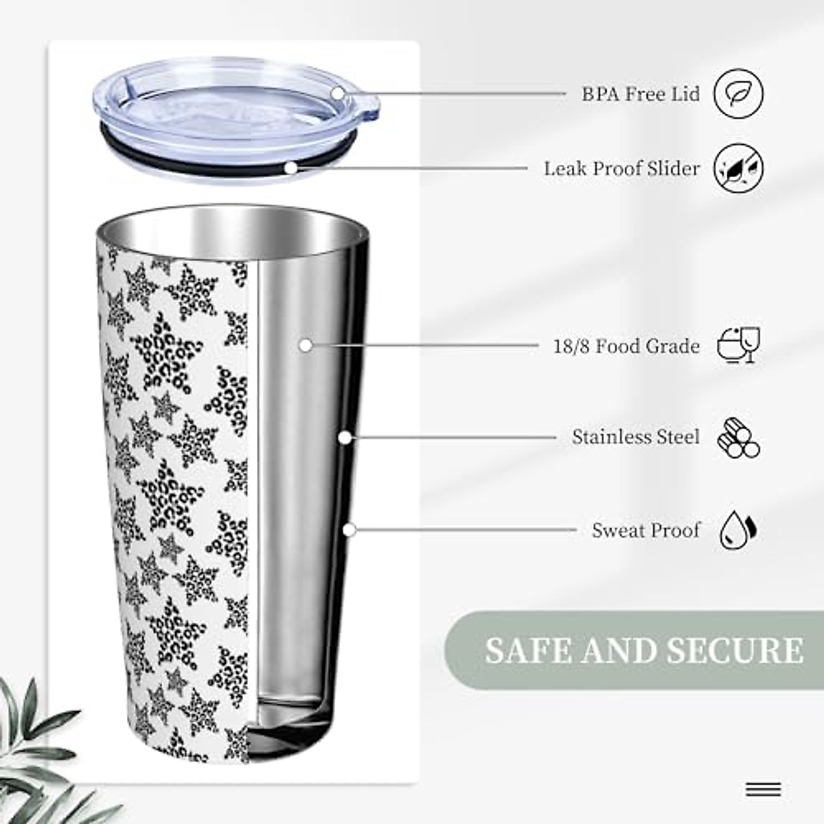 Yaxongx 20oz Tumbler Leopard Print Star Double Wall Vacuum Insulated Coffee Mug with Lid and Metal Straw Brush Reusable Stainless Steel Water Bottle Travel Cup Gifts for Car Ice Drinks Hot Beverage