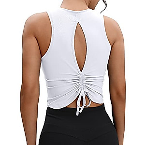 VOOVEEYA Ruched Workout Tops for Women Open Back - Going out Crop Tops Backless Yoga Tops Tie Back（White-L）