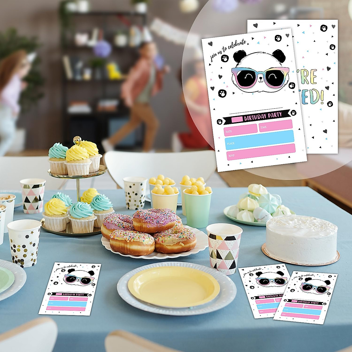 YUEXLL Rainbow Cute Panda Birthday Party Invitations Cards with Envelopes, Animal Party Invitations, Birthday Celebration Supplies, Double-sided Fill-in bday Invites for Boys Girls - C02