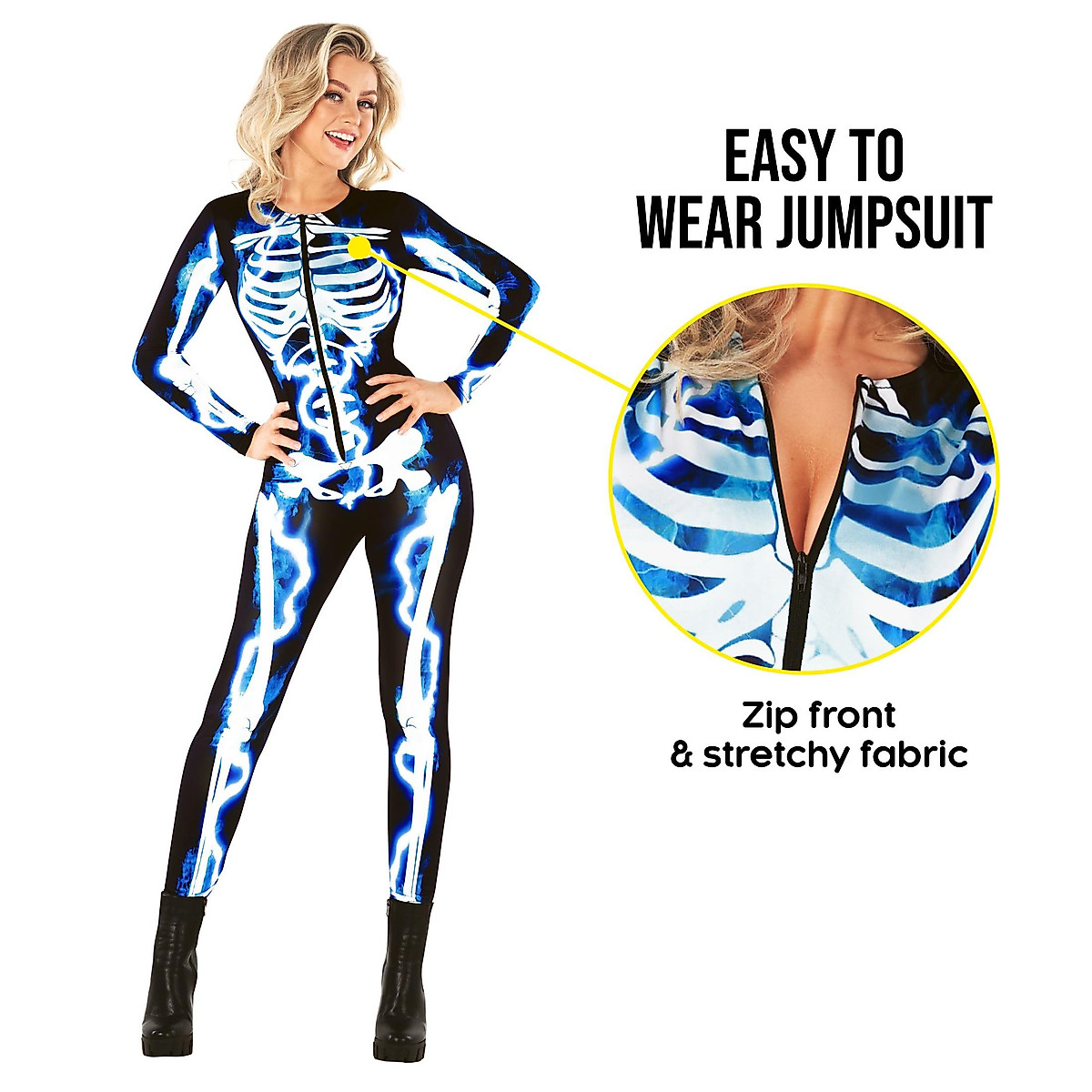 Morph Electric Skeleton Bodysuit for Women, Halloween Costume, Spooky Outfit, Medium