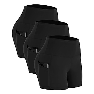 CADMUS Women's High Waist Yoga Shorts Spandex Running Side Pockets, 16#, Black & Black & Black,Large