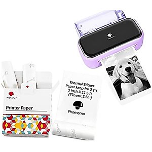 Phomemo M03 Pocket Printer- Portable Printer Photo Printer with 3 Roll 3 Inch Black on White, 77mm x 3.5m, 3 Inch X 11.5 ft, Compatible with iOS + Android for Photos, Journalist, Work, Plan-(Purple)