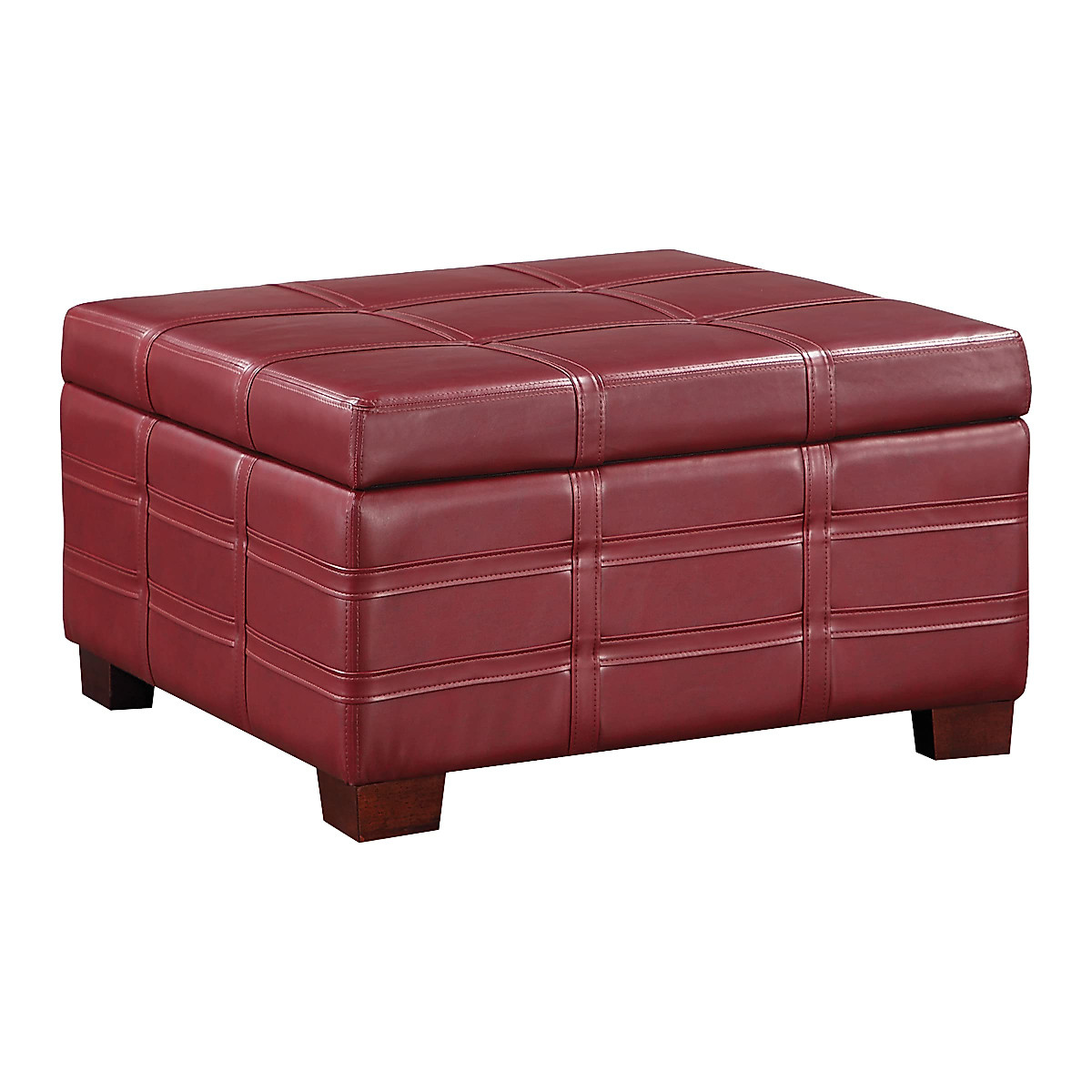 OSP Home Furnishings Detour Strap Square Storage Ottoman with Tray and Solid Wood Legs, Crimson Red Faux Leather
