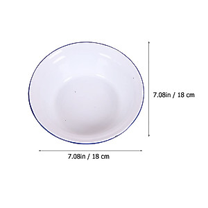 Ipetboom Enamel Plates 2pcs Enamelware Dinner Serving Platter Trays Retro White Round Shallow Bowls Vintage Enamel Basin Mixing Bowls with Blue Rim 18CM