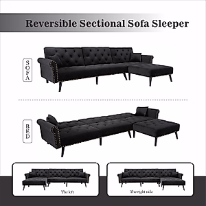 KoiHome Sectional Sofa Right Hand Facing Velvet Button Tufted, L Shape Chaise with Nail Head Detail, Modern 4 Seat Cushion & Wood Leg, 2 Pillows, Couch for Living Room,Office, Black