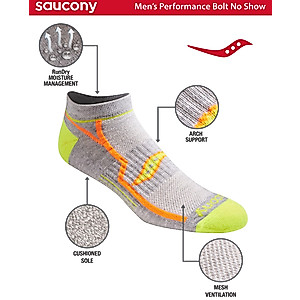 Saucony Men's Multi-Pack Bolt Performance Comfort Fit No-Show Socks, Orange (6 Pairs), Shoe Size: 8-12