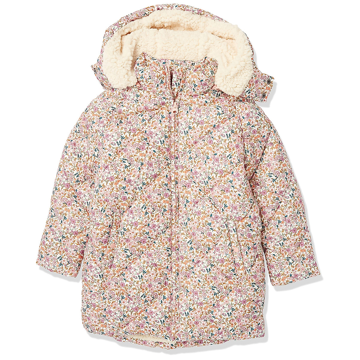 Amazon Essentials Toddler Girls' Long Quilted Cocoon Puffer Coat, Cream Floral, 3T