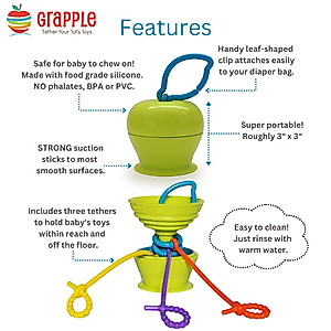 Grapple Suction Cup High Chair Toys Holder | 3 Toy Tethers Keep Toys from Falling | Holds Teethers, Toys, Snack Cups | for Babies 6-12 Months | Perfect for Travel and Restaurant