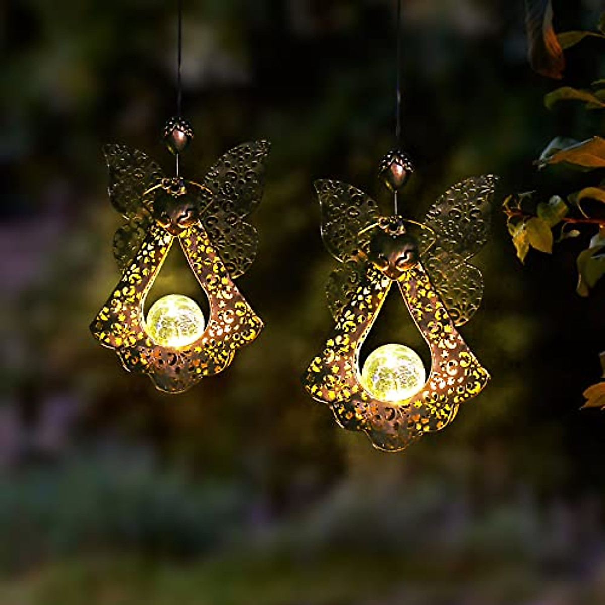 GOODME Hanging Solar Lights Outdoor Waterproof LED Solar Lantern Metal Angel Memorial Gift with Crackle Globe Glass Decoration for Porch,Patio,Yard,Garden