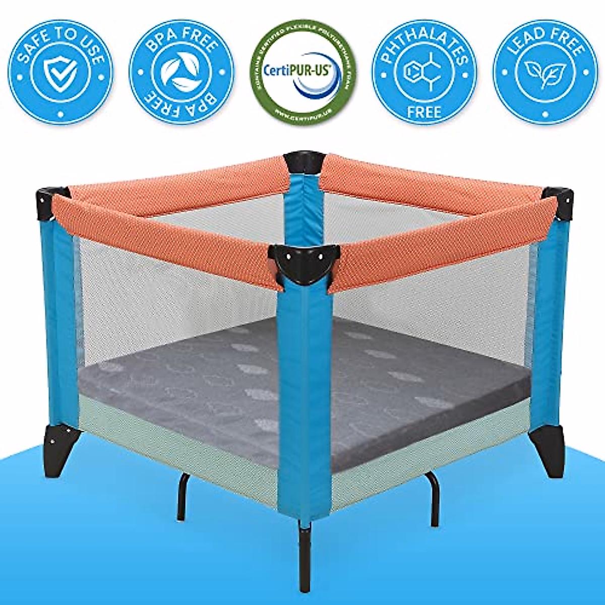 Sleepah Square Pack and Play Mattress 3" Waterproof Memory Foam Playard Portable Playpen Mattress Topper w Removable Cover Compatible with Joovy Room 2 Delta Children Century Thick Dual Sided 36”x36”