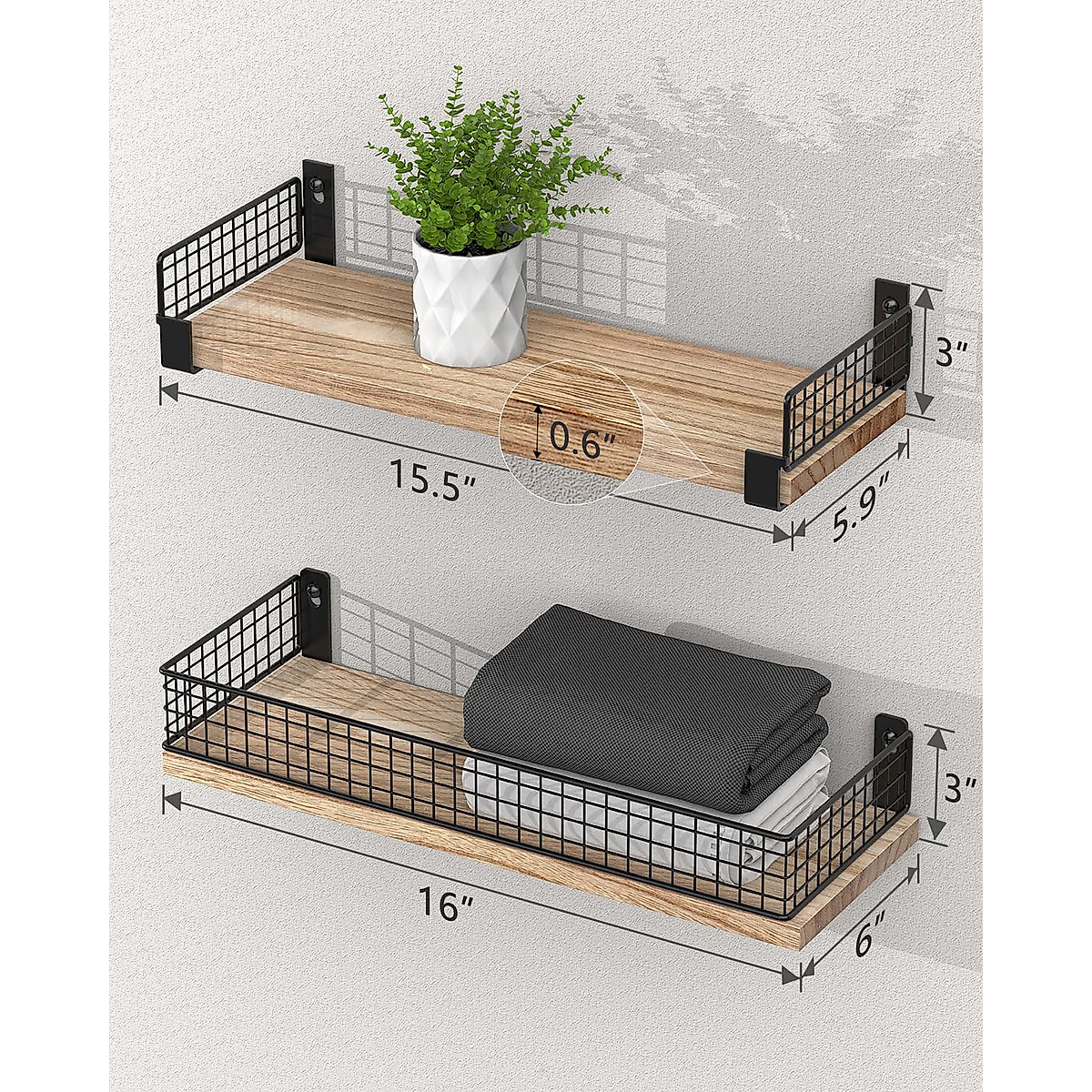 Tatub Floating Shelves with Metal Mesh Edge, Durable Bathroom Shelves for Wall Storage, Wood Wall Mounted Shelves for Living Room, Bedroom, Kitchen and Home Office, Set of 2 (Carbonized Black)