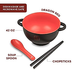Japanese Ceramic Ramen Bowl Set - Ramen Noodles Bowl with Chopsticks & Soup Spoon - Red Dragon Japanese Food Dish Set - Asian Food Serving Dishes - Gift Set - Pho Soup Bowl - Asian Rice Bowls - 42 oz