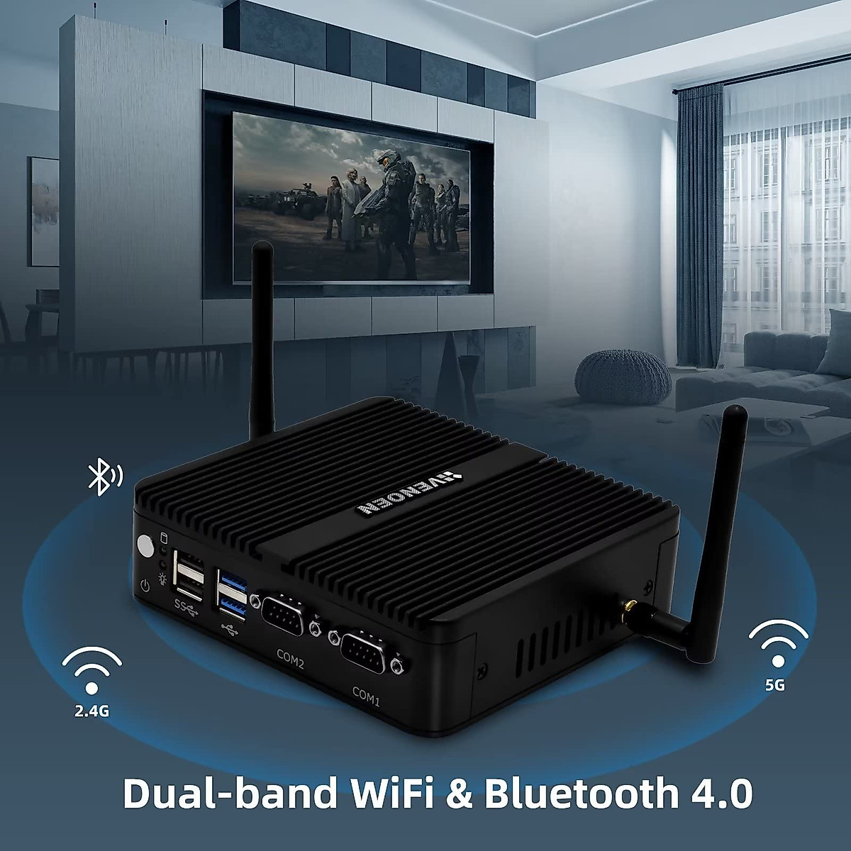 Fanless Mini PC Windows 11 pro, Celeron J4125, 4GB DDR4 RAM 256GB SSD, HD-MI, VGA, 4K Output, 2 RJ45 LAN, USB3.0, 2xRS232 COM, Dual Band WiFi AC, BT, Small Form Factor Computer, Auto Power On