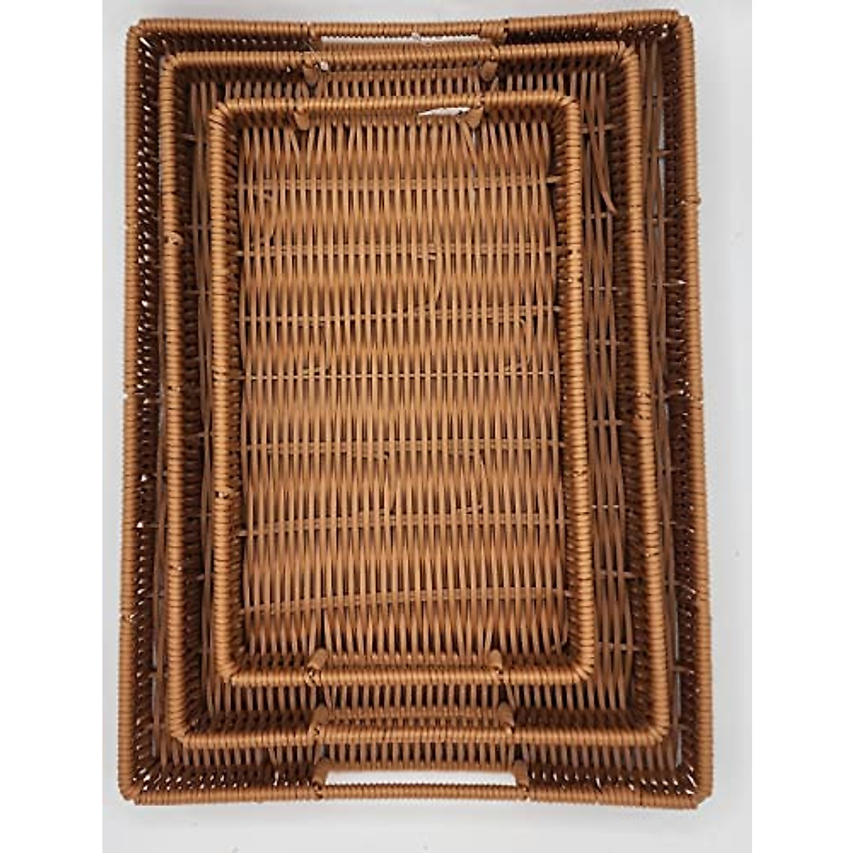 Set of 3 Rectangle Rattan Serving Tray - Large, Regular and Small Hand Woven Wicker Baskets with Handles - Breakfast Drinks Coffee Snack Fruit Storage Platter Trays - Tabletop Organizers Home Decor