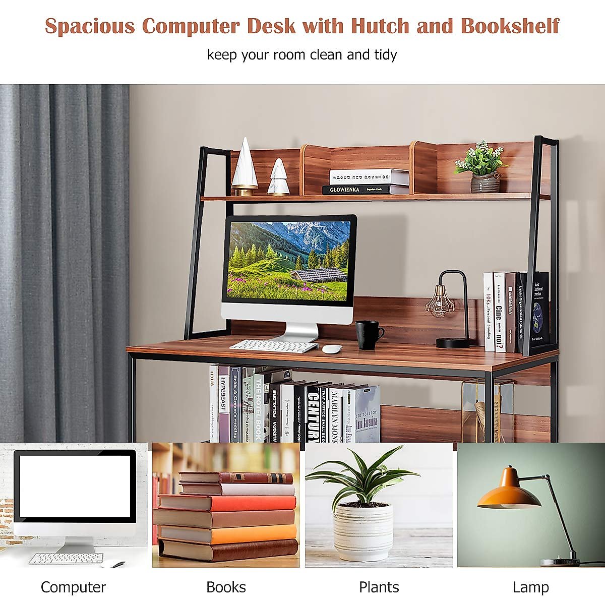 Tangkula Computer Desk with Hutch & Bookshelf, 47 Inches Space Saving Writing Study Table Home Office Desk, PC Laptop Table Workstation with w/ 3 Open Storage Space & Bottom Bookshelf (Brown)