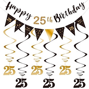 BRT Bearingshui 25th Birthday Decoration Kit for Men Women, Happy 25th Birthday Banner Bunting Swirls Streamers, Triangle Flag Banner for Birthday Party Decorations Supplies Black and Gold 25th