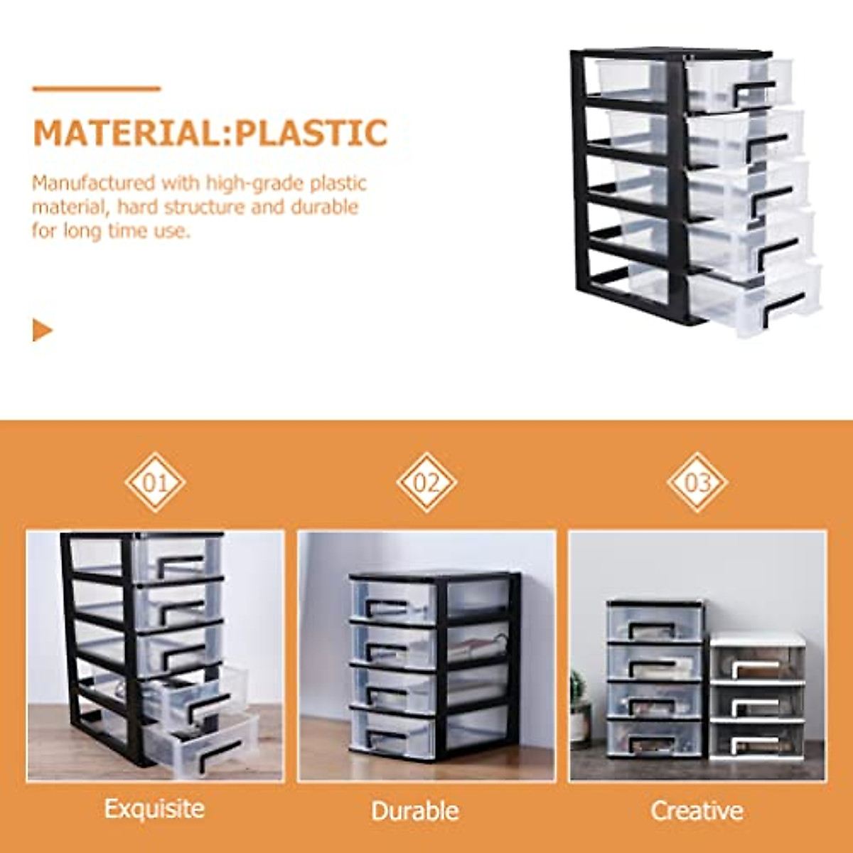 Tofficu 5 Drawer Storage Tower Plastic Storage Multifunctional Storage Cabinet with Clear Drawers Storage Case Organizer for Craft Stationary(Black)