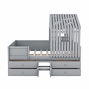 BOVZA Kids Full Size House Low Loft Bed with 4 Storage Drawers, Wood Playhouse Bed with Roof, Stairs and Safety Guardrail, for Kids Boys Girls Teens Bedroom, Gray