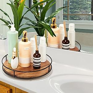 12" Acacia Wood Lazy Susan Turntable, Tomoaza Kitchen Organizer Turntable with Steel Sides, 360 Degree Turntable for Countertop Cabinet or Dining Table(Black)