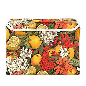 senya Baskets Collapsible Storage Bins with Lids, Retro Lemon White Flower Storage Boxes Clothes Baskets for Organizing, B06D22020