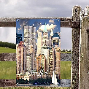 Personalized Metal Tin Sign Skyline New York City Landscape Home Décor Garage Signs for Front Door Outside House USA Street Painting State Building Art Poster Gift for Bathroom 12x18in