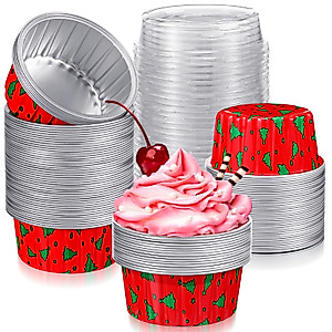 Umigy 100 Pcs Christmas Aluminum Foil Baking Cups with Lids 4.3oz Baking Liner Cups Xmas Disposable Ramekins Muffin Tins Cupcake Baking Pan Foil Cupcake Containers for Christmas Party (Christmas Tree)