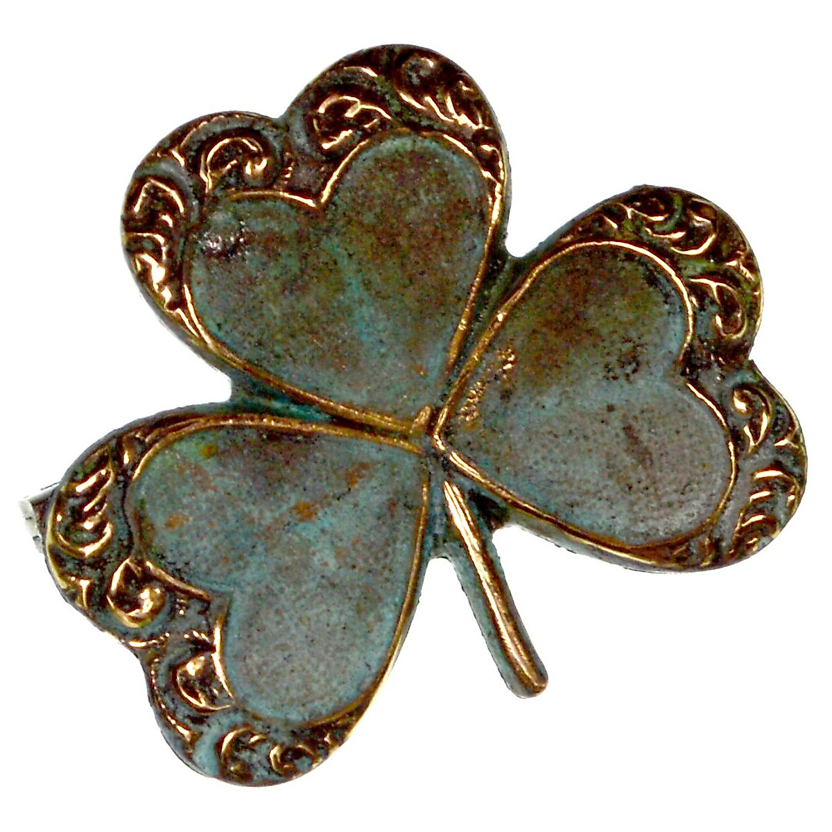 Elaine Coyne Verdigris Patina Brass Decorative Shamrock Pin