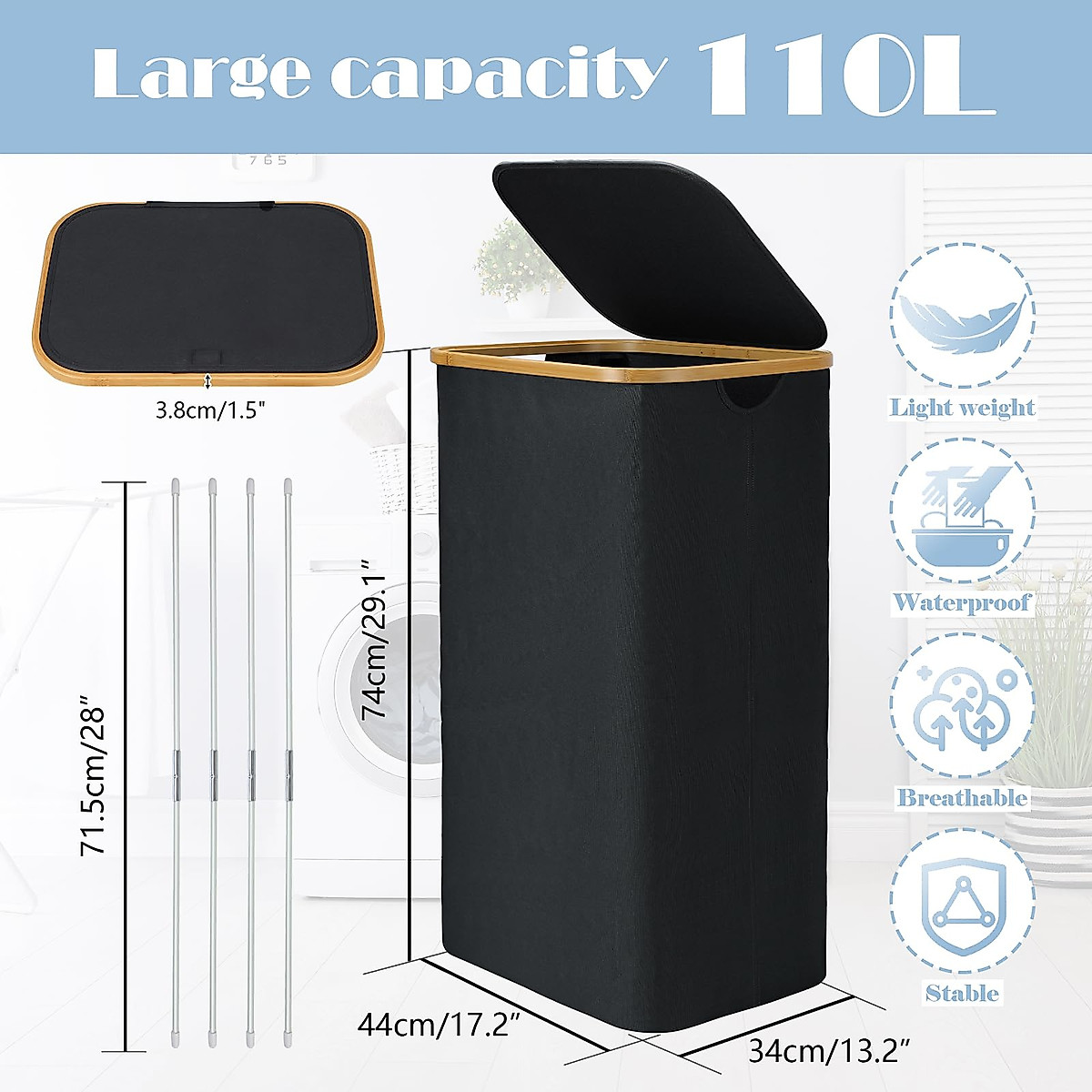 Bellzacasa Laundry Hamper with Lid, 110L Large Hampers for Laundry with Bamboo Handles and Removable Laundry Bag, Foldable Laundry Baskets with Lid for Bedroom Bathroom Tall Laundry Bin (Black)