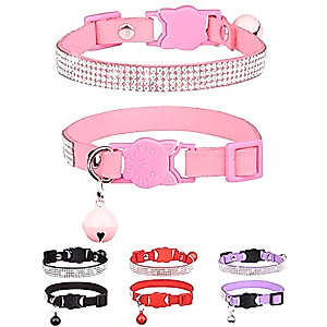 Solmoony Breakaway Cat Collars with Bell,Adjustable Safe Kitten Collar,Cat Collars for Girl Cats with Rhinestone Soft Velvet (Pink)