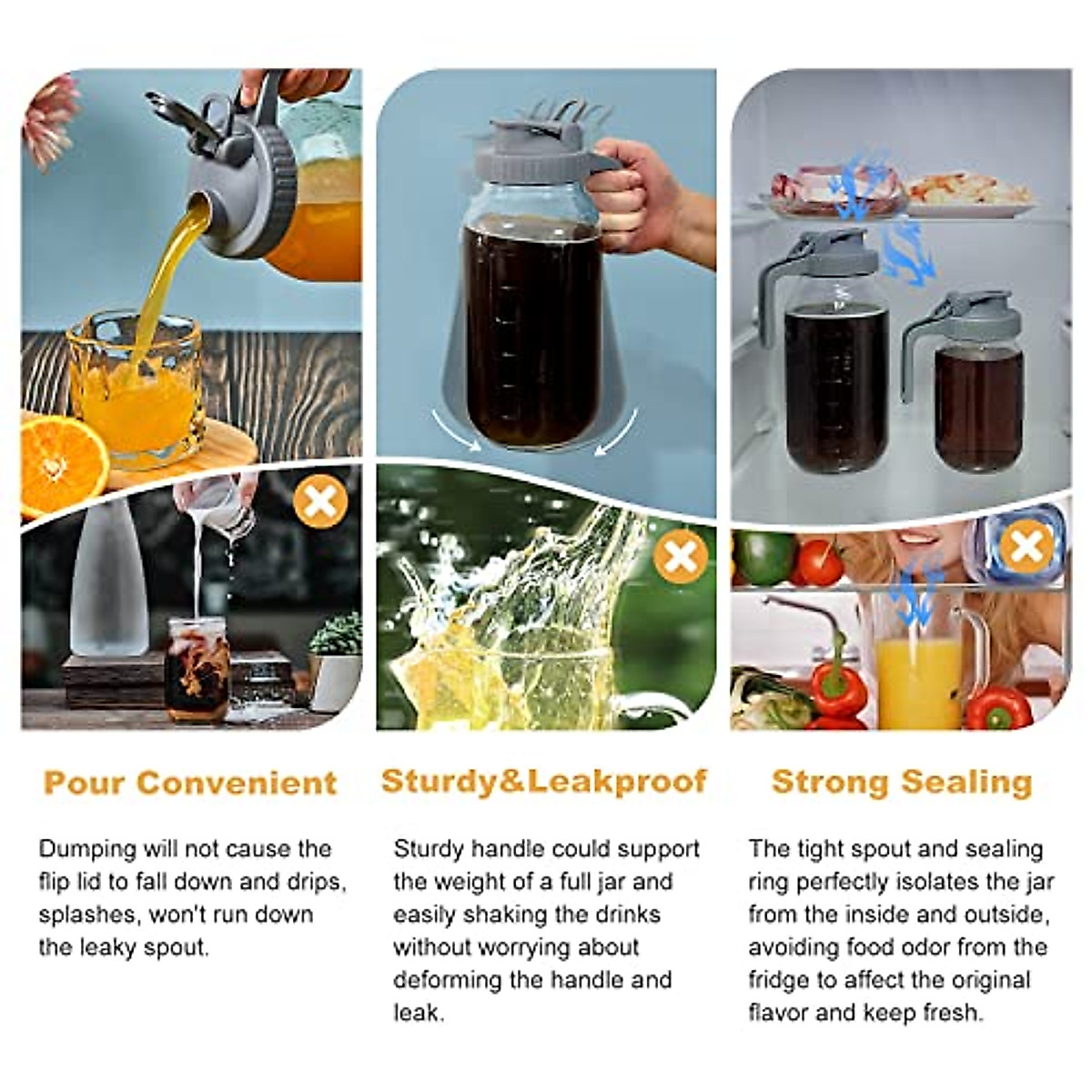 Mason Jar Pitcher with Pour Spout Handle Lid, 32 oz Thick Glass Jug for Cold Brew Coffee, Ice Beverage, Iced Juice, Lemonade, Sun Tea, Fruit Drinks Container