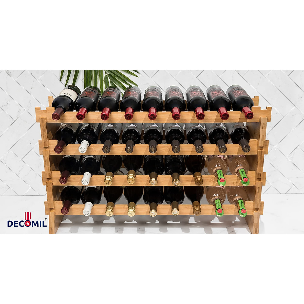 DECOMIL - 36 Bottle Large Wine Rack , Stackable & Modular Wine Storage Rack , Solid Bamboo Wine Holder Display Shelves, Wobble-Free (Four-Tier, 36 Bottle Capacity)