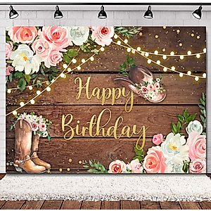 SVBright Cowgirl Birthday Backdrop for Woman 7Wx5H Western Rustic Country Wooden Plank Pink Flower Happy Birthday Baby Shower Wood Hat Retro Decoration Photography Background Banner Photo Booth Studio