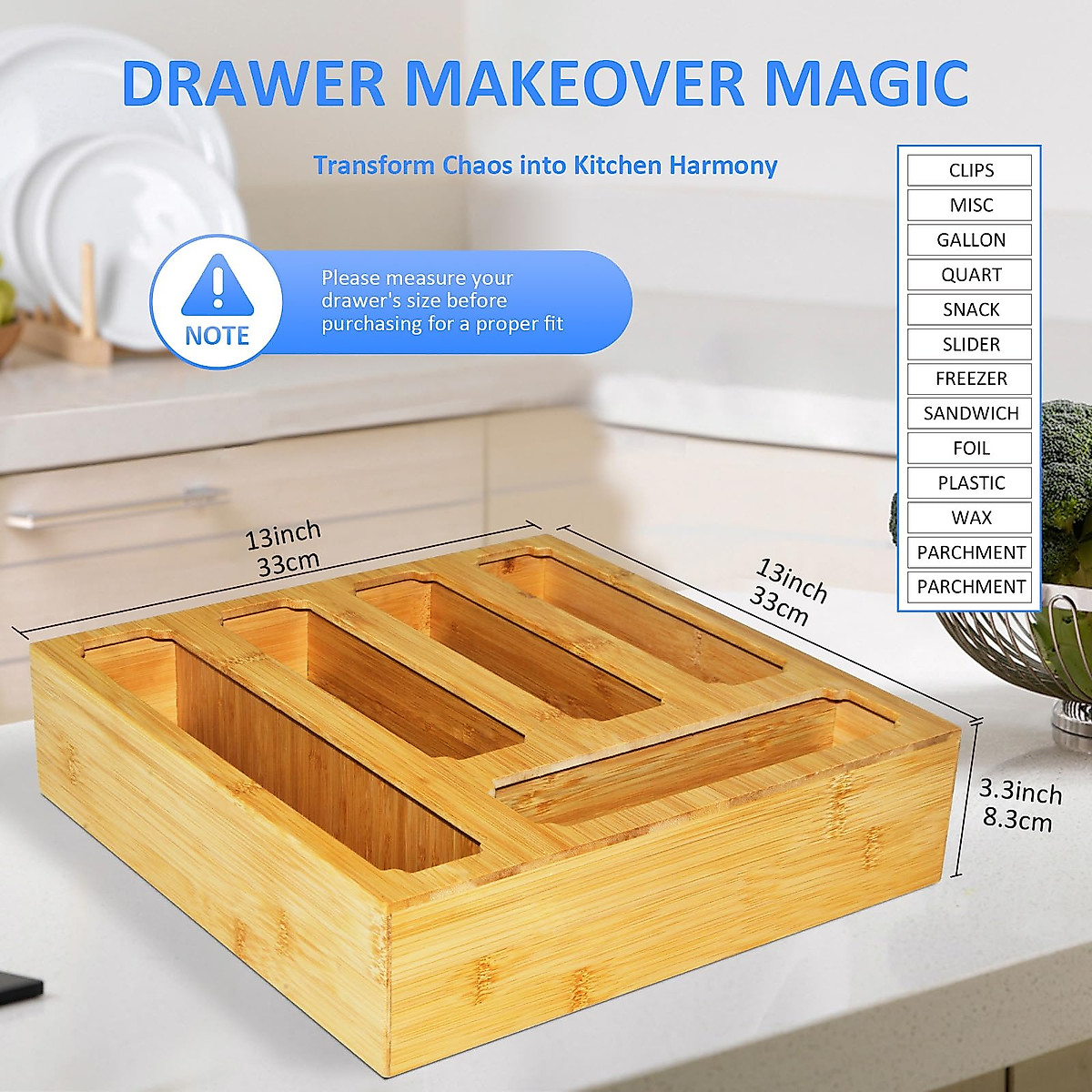 Bamboo Food storage bag organizer, kitchen drawer organizer, Wall Mount bag storage organizer, ziplock bag Storage Compatible with Gallon, Quart, Sandwich & Snack Variety Size Bags 1 Box 5 Slots