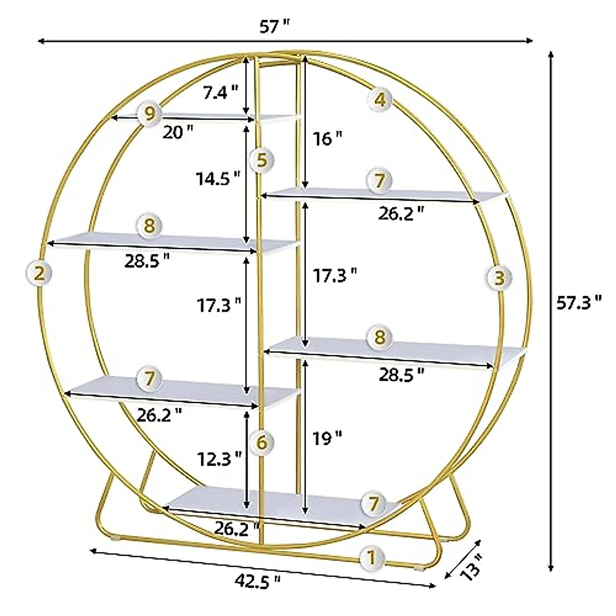 KNIGHTCRAFT White and Gold Bookshelf Circular Office Bookshelves 57" Tall Arched Book Shelves Open Etagere Bookcase Large Round Book Shelf for Living Room Modern Home Furniture