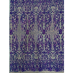 Phoebe Iridescent Purple Sequins on Nude Mesh Lace Fabric by The Yard - 10062