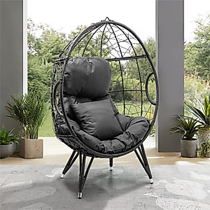 Crestlive Products Patio Wicker Egg Chair with Cushion and Pillow, PE Rattan Hanging Basket Lounge Chair with Legs, Teardrop Cuddle for Indoor Outdoor Bedroom Garden Deck Balcony (Dark Gray)