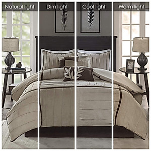 Madison Park Cozy Comforter Set Casual Blocks Design All Season, Matching Bed Skirt, Decorative Pillows, California King (104 in x 92 in), Dune Suede, Beige Brown, 7 Piece